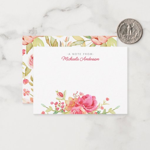 Floral Name & Pink Watercolor Flowers & Greenery Note Card | Zazzle