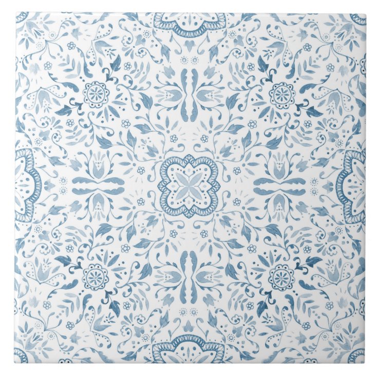 Floral Nature Vintage Blue Pattern Tile | Zazzle