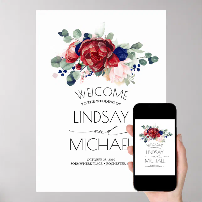 Floral Navy Blue and Burgundy Red Wedding Poster | Zazzle