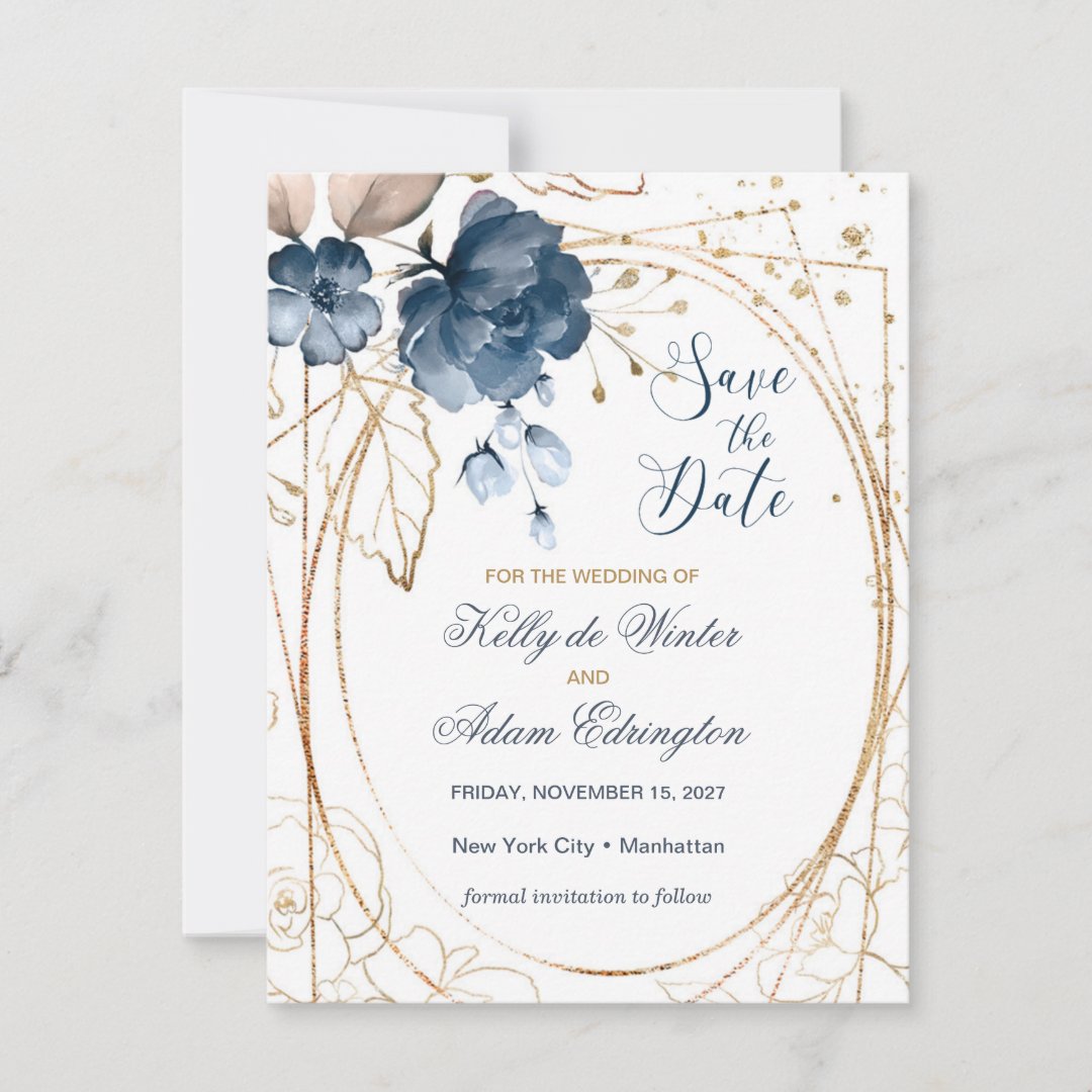Floral navy blue, gold Save the Date Photo | Zazzle