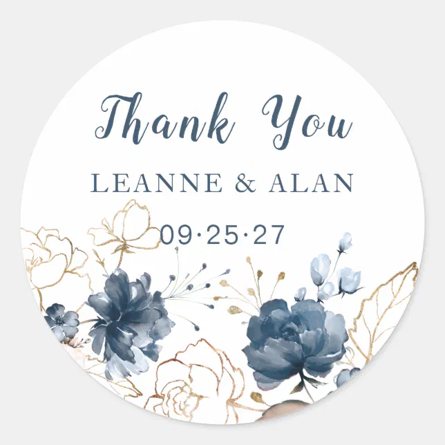 Floral navy blue & gold, Wedding Classic Round Sticker | Zazzle
