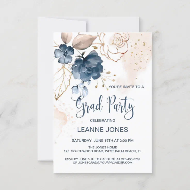 Floral navy blue Graduation Party Invitation | Zazzle