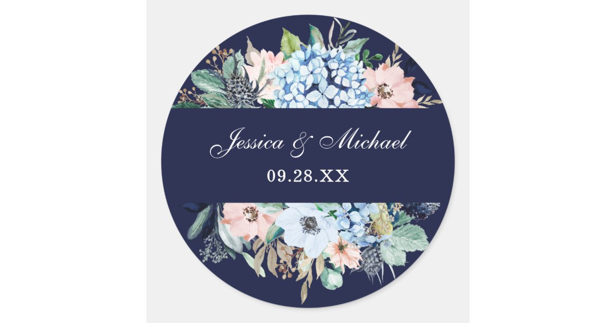 Floral Navy Blue Hydrangea Watercolor Wedding Classic Round Sticker ...