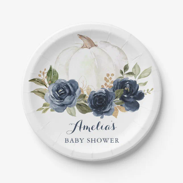 Floral Navy Blue Pumpkin Baby Shower Fall Paper Plates | Zazzle
