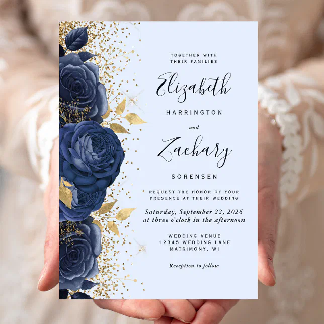 Floral Navy Light Blue Gold Wedding Invitation | Zazzle