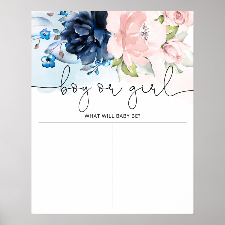 Floral navy pink Gender reveal Boy or Girl chart | Zazzle