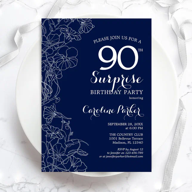 Floral Navy White Surprise 90th Birthday Party Invitation | Zazzle
