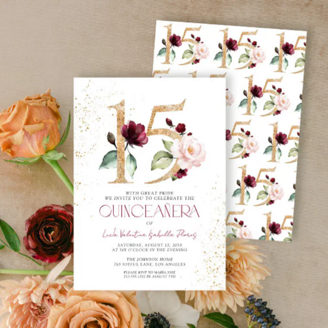 Floral Number 15 Burgundy Gold Quinceañera Invitation | Zazzle