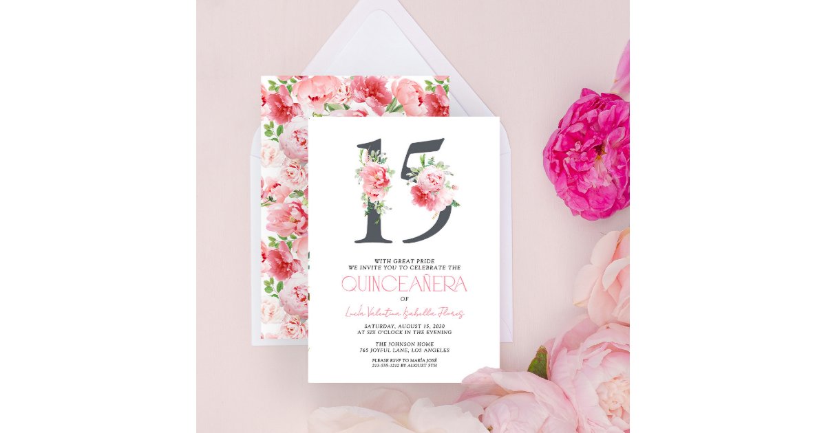 Floral Number 15 Pink Elegant Modern Quinceañera Invitation | Zazzle