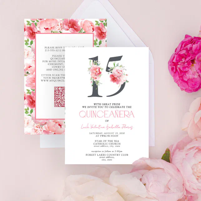 Floral Number 15 Pink Elegant QR Quinceañera Invitation | Zazzle