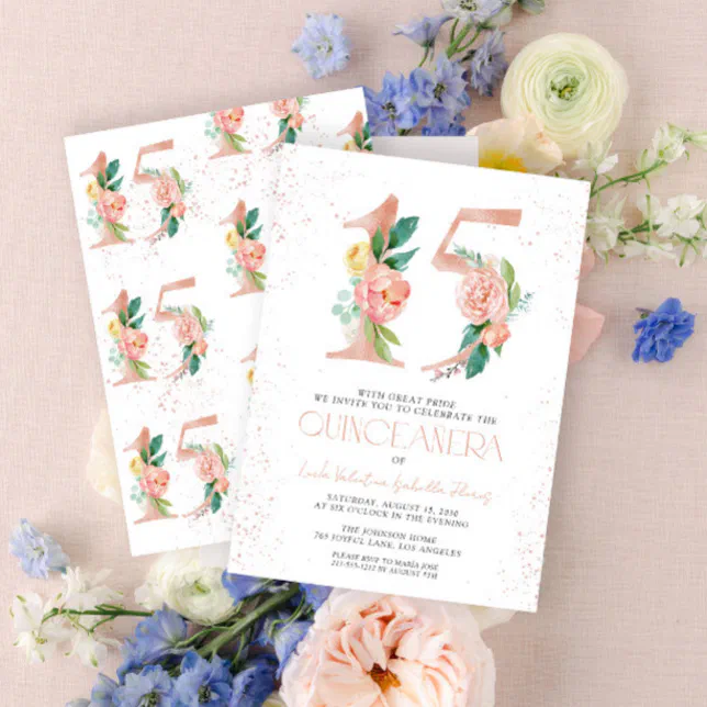 Floral Number 15 Pink Rose Gold Quinceañera Invitation | Zazzle