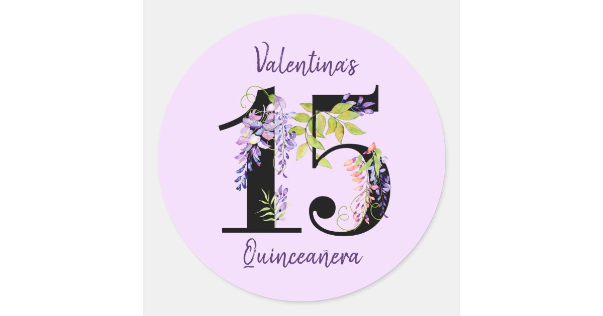 Floral Number 15 Purple Wisteria Quinceanera Classic Round Sticker | Zazzle