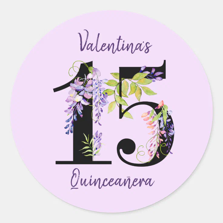 Floral Number 15 Purple Wisteria Quinceanera Classic Round Sticker | Zazzle