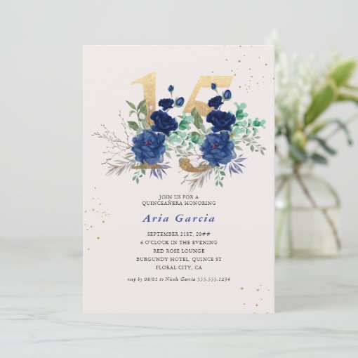 Floral Number 15 Royal Blue and Gold Quinceanera Invitation | Zazzle