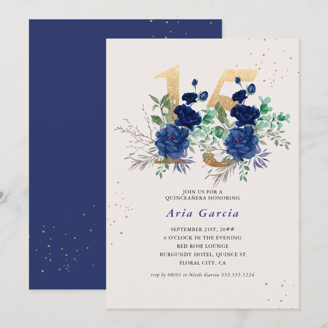 Floral Number 15 Royal Blue and Gold Quinceanera Invitation | Zazzle