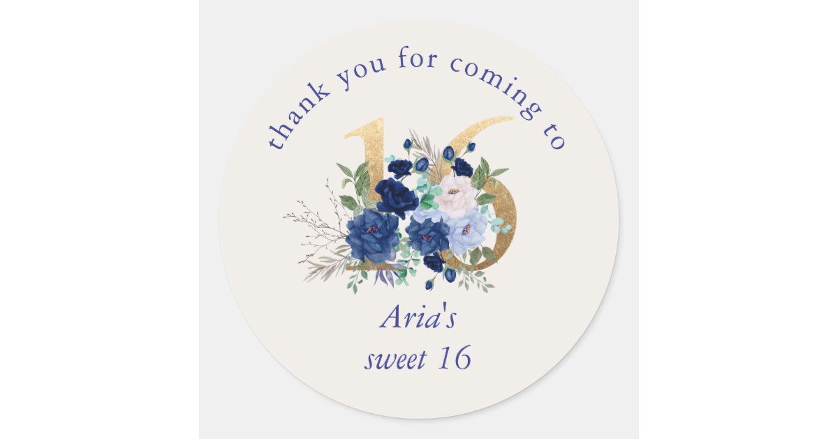 Floral Number 16 Ivory Royal Blue Gold Sweet 16 Classic Round Sticker ...