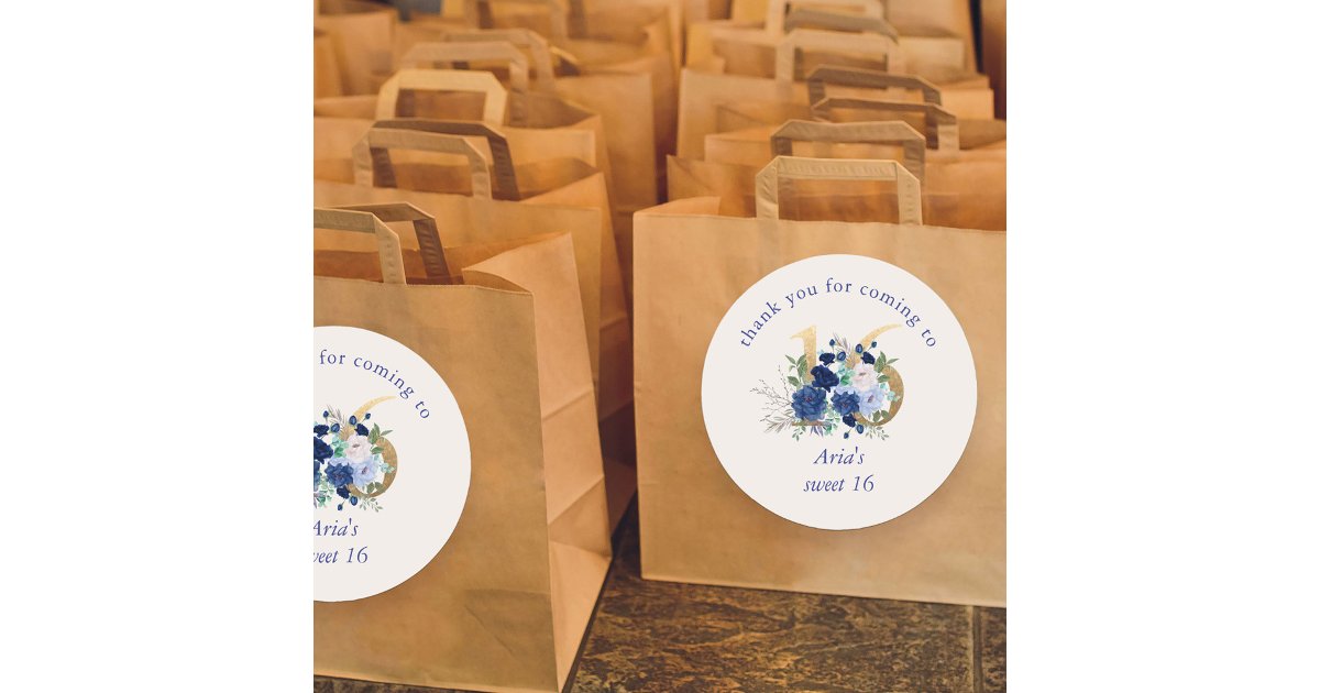 Floral Number 16 Ivory Royal Blue Gold Sweet 16 Classic Round Sticker ...