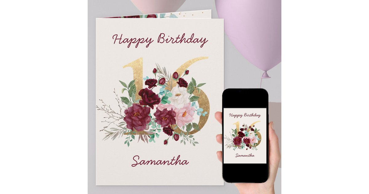 Floral Number 16 Personalized 16th Birthday Card | Zazzle