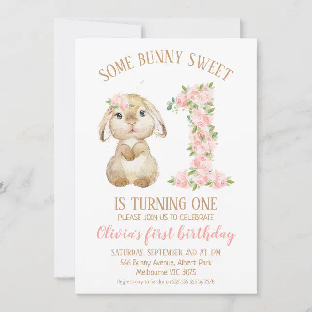 Floral Number Bunny Rabbit 1st Birthday Invitation | Zazzle