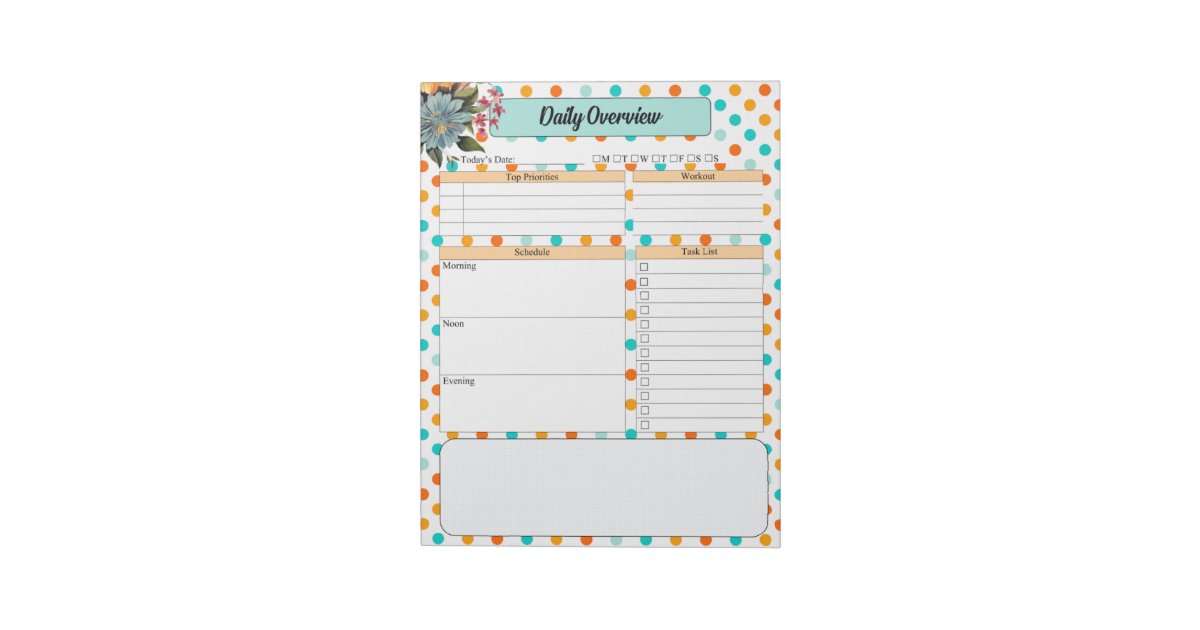 Floral Orange n Blue Polka Dots _ Daily Overview Notepad | Zazzle