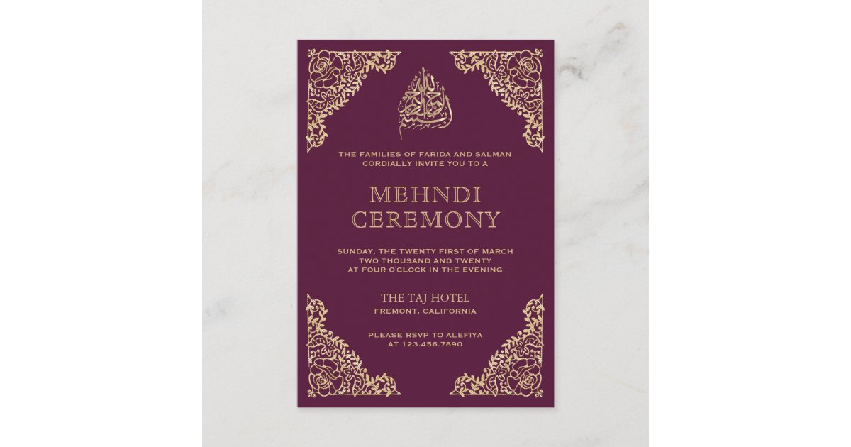 Floral Ornate Plum and Gold Islamic Muslim Mehndi Enclosure Card | Zazzle