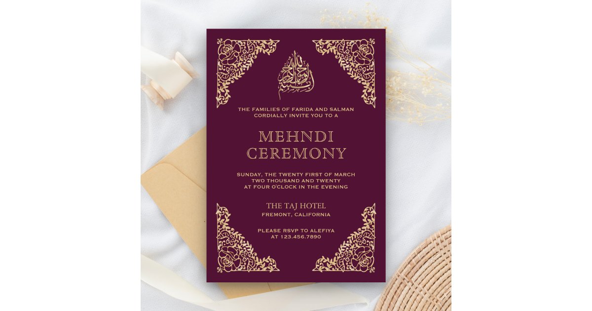 Floral Ornate Plum and Gold Islamic Muslim Mehndi Enclosure Card | Zazzle