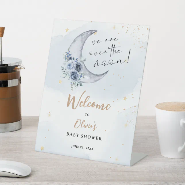Floral Over The Moon Baby Shower Welcome Pedestal Sign | Zazzle