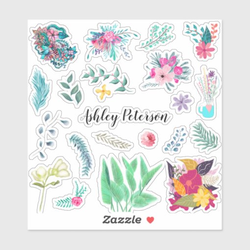 Floral Pack | Modern trendy flowers monogram Sticker | Zazzle