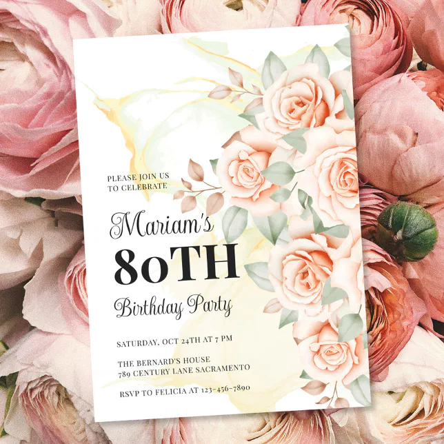 Floral Painted 80th Birthday Party Invitation | Zazzle