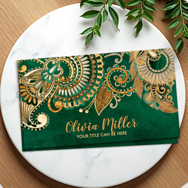 Floral Paisley Ornament Malachite and Gold Business Card | Zazzle