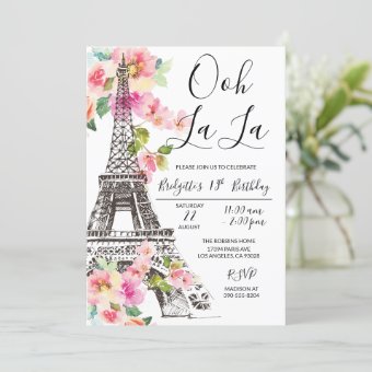 Floral Paris Eiffel Tower Birthday Invitation | Zazzle