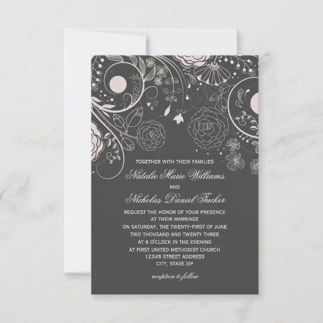 Floral Pattern Gray/White - 3x5 Wedding Invitation | Zazzle