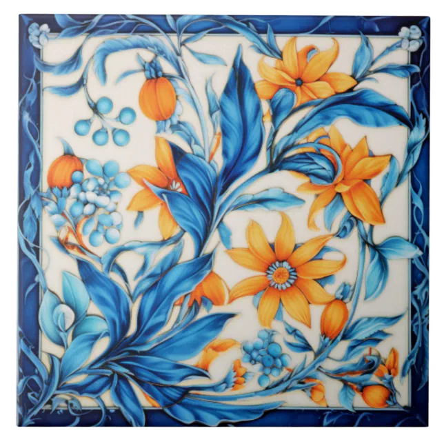 Floral Pattern- Orange and Blue Ceramic Tile | Zazzle