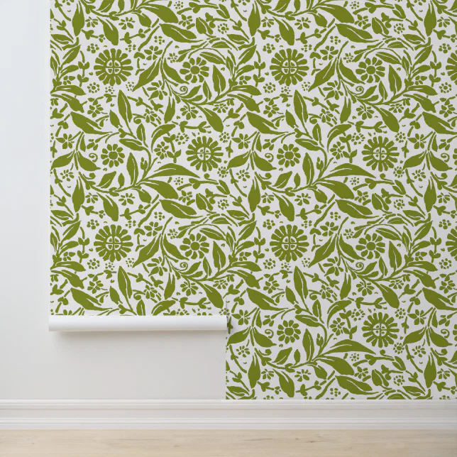 Floral Pattern Pretty Green White Antique Look Wallpaper | Zazzle