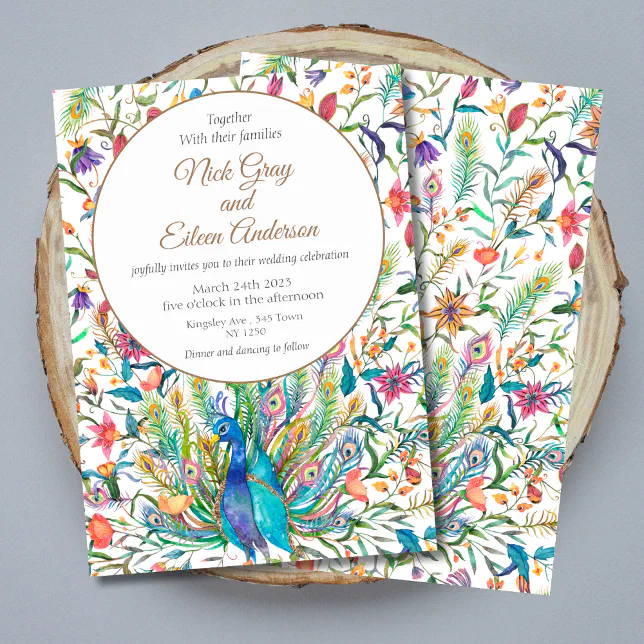 Floral Peacock & Feather Wedding Invitation | Zazzle