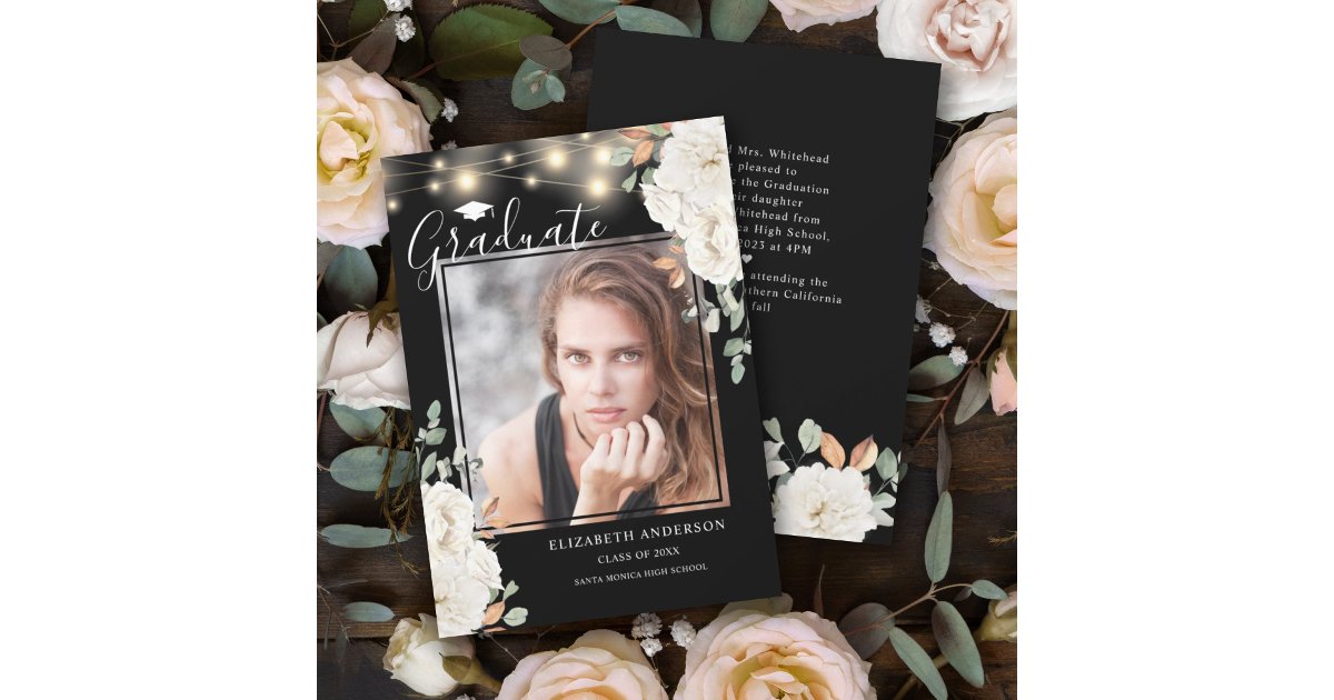 Floral Photo Black Graduation Announcement | Zazzle