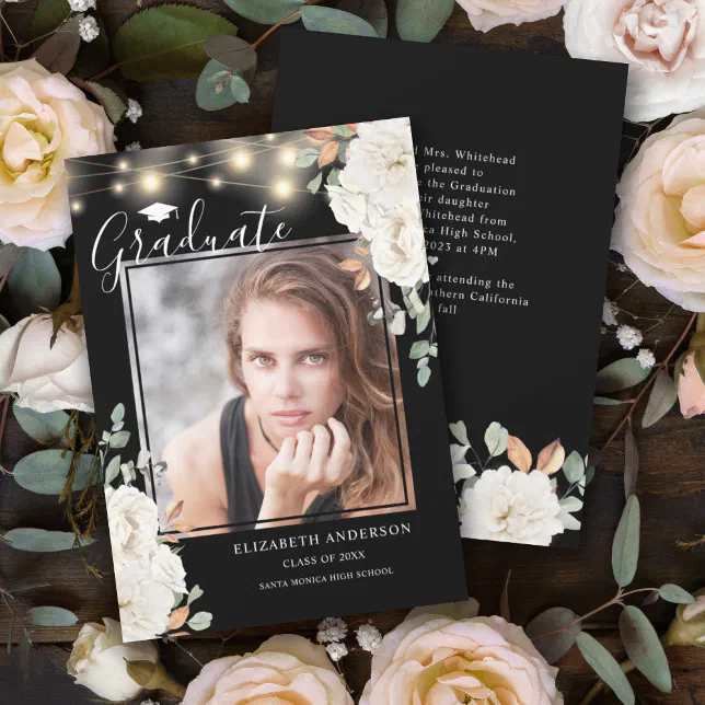 Floral Photo Black Graduation Announcement | Zazzle