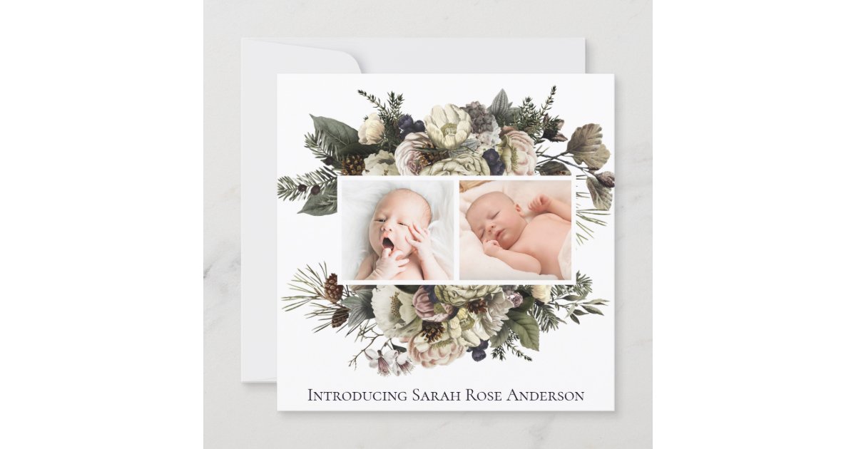 Floral Photo collage Birth Announcement | Zazzle