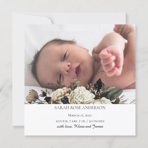 Floral Photo collage Birth Announcement | Zazzle