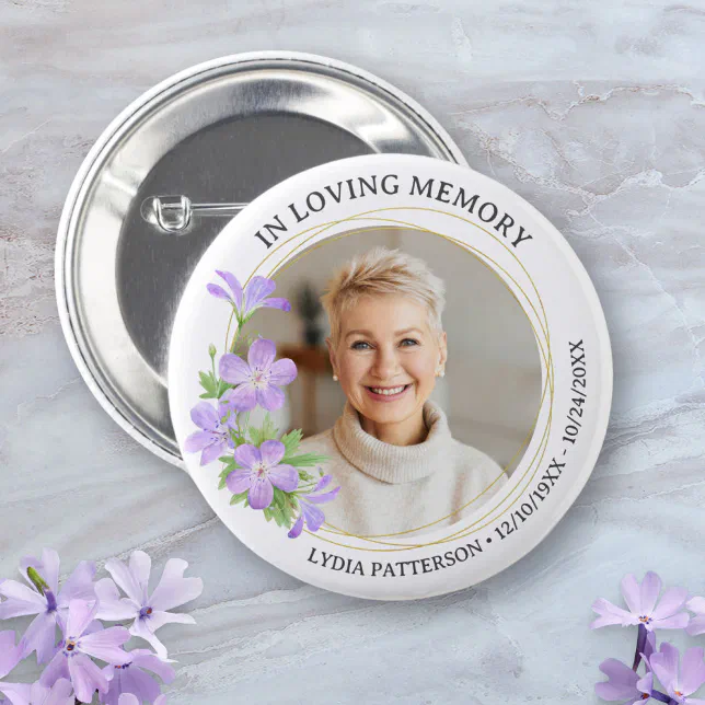 Floral Photo Elegant Memorial Sympathy Funeral Button | Zazzle