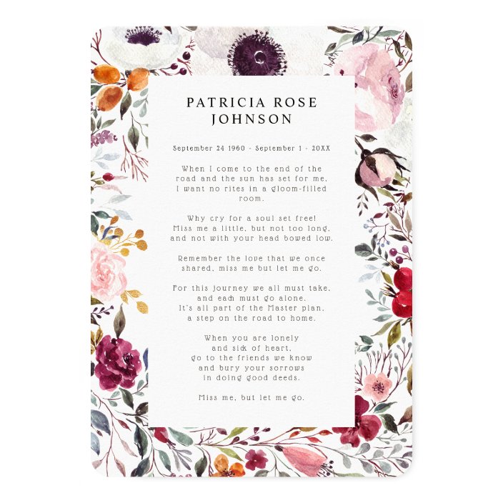Floral Photo Funeral Memorial Poem Announcement | Zazzle.com