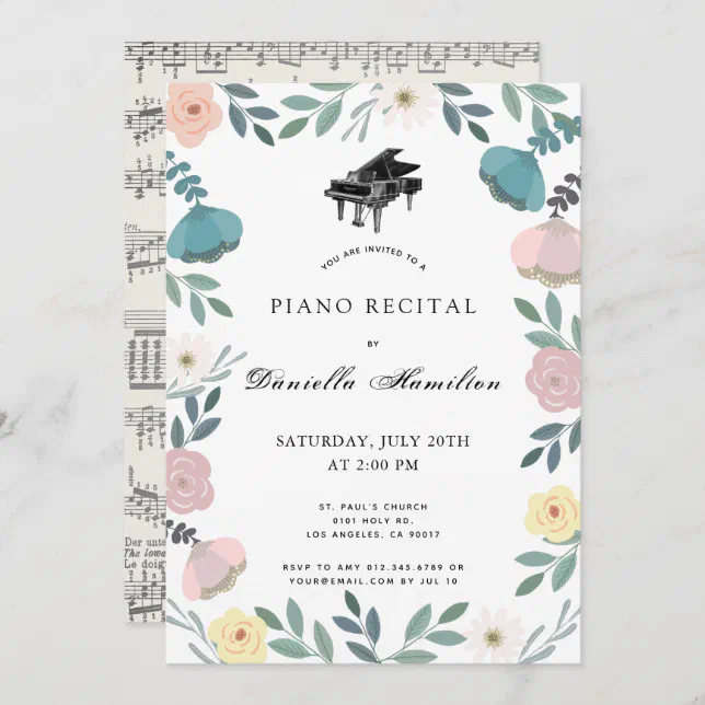 Floral Piano White Recital Invitation | Zazzle