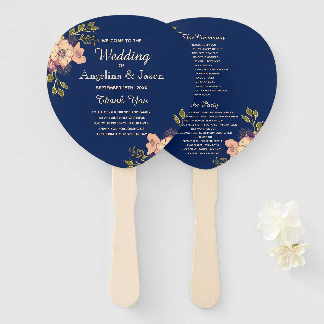 Floral Pink And Blue Wedding Program Hand Fan | Zazzle
