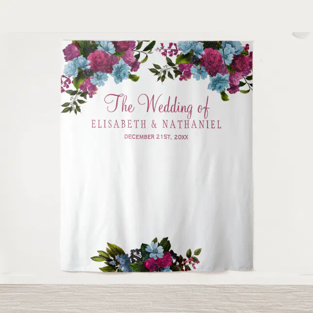 Floral pink blue chic wedding photo booth backdrop | Zazzle