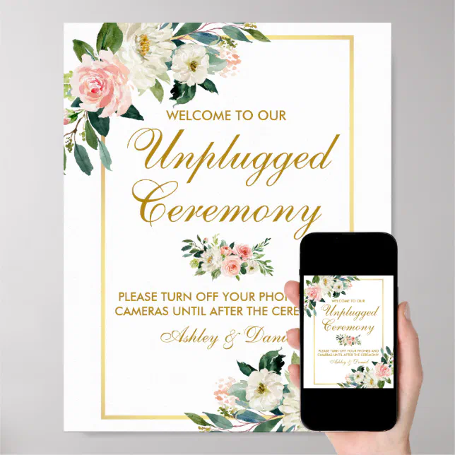 Floral Pink Blush Wedding Gold Unplugged Poster | Zazzle
