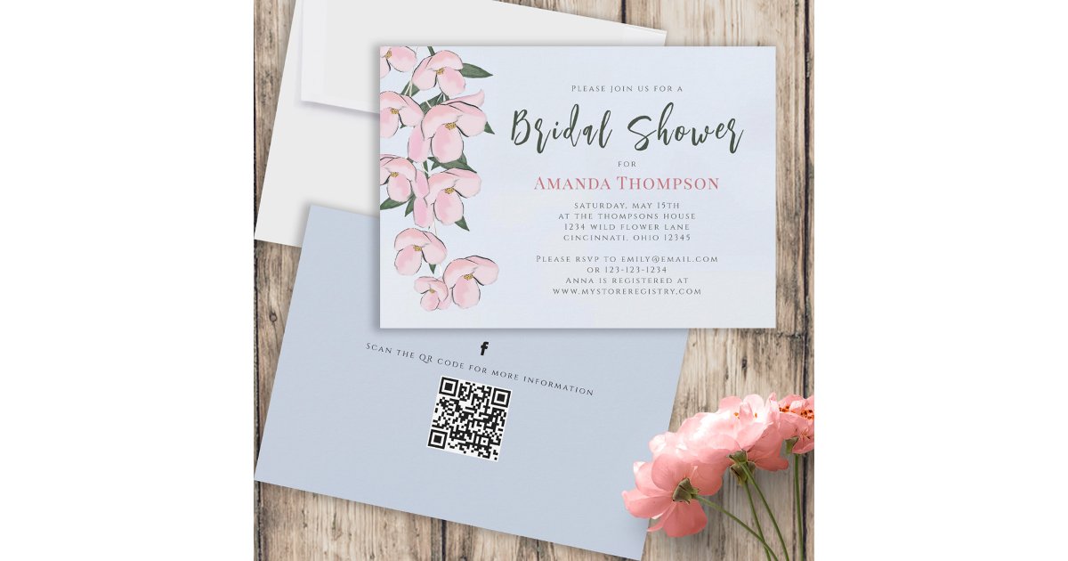 Floral Pink Botanical Cherry Blossoms QR Code Invitation | Zazzle
