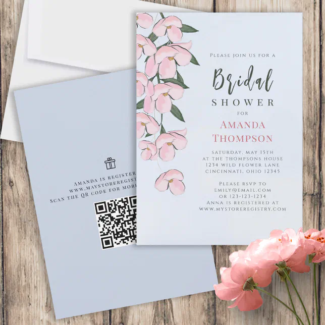 Floral Pink Botanical Cherry Blossoms QR Code Invitation | Zazzle