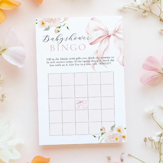 Floral Pink Bow Bloom Baby Shower Gift Bingo Game | Zazzle