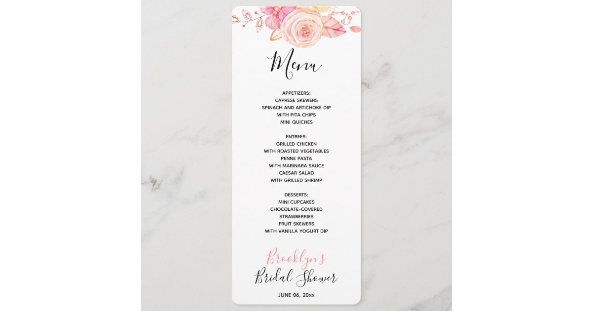 Floral Pink Bridal Shower Menu Card | Zazzle