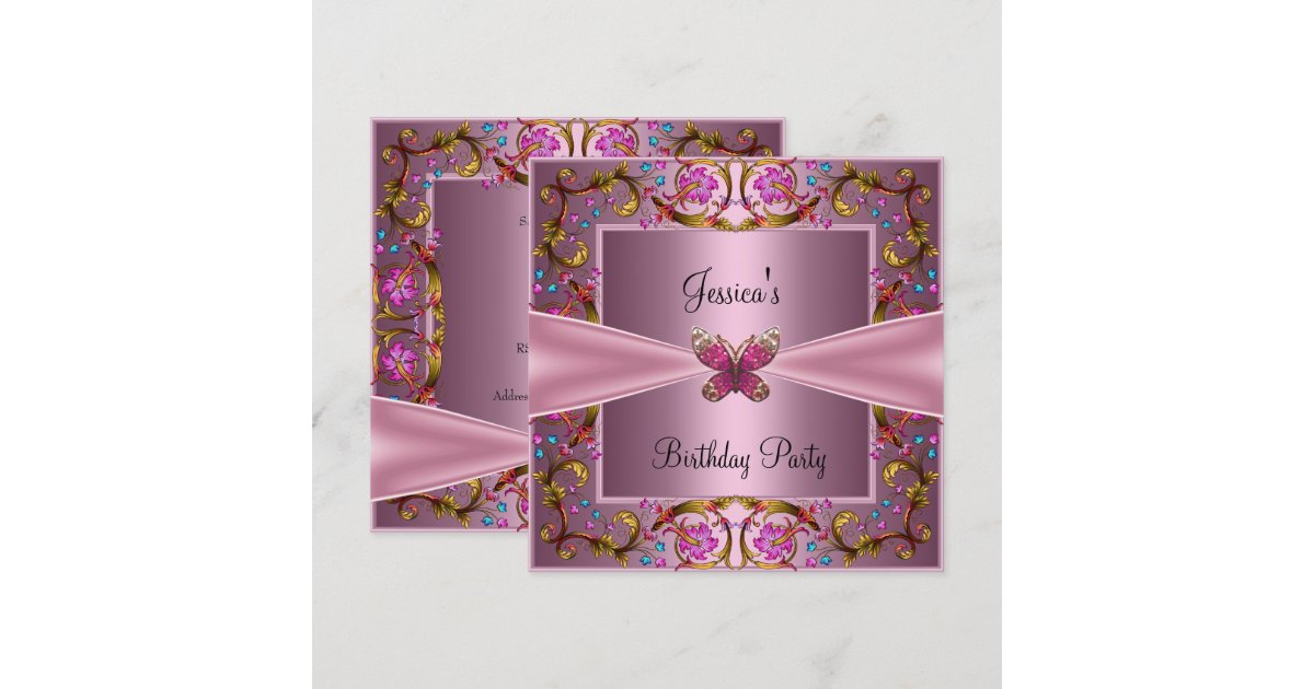 Floral Pink Butterfly Birthday Party Invitation | Zazzle